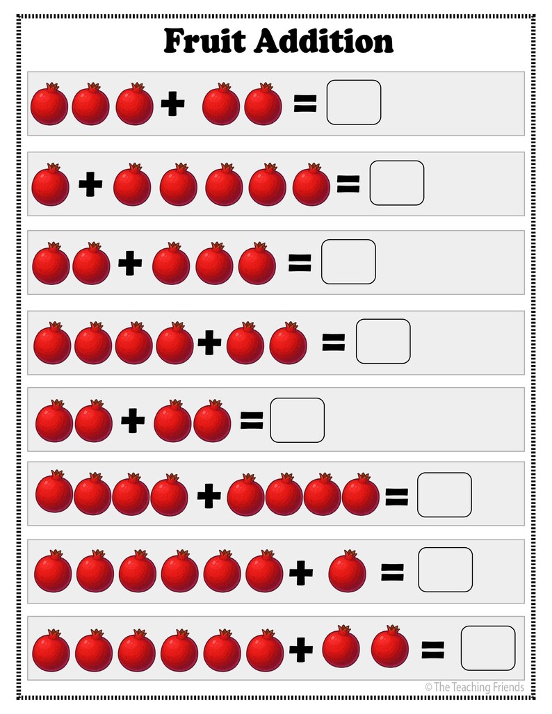 Fruit Addition Worksheets for Kindergarten and 1st Grade Fun Counting ...
