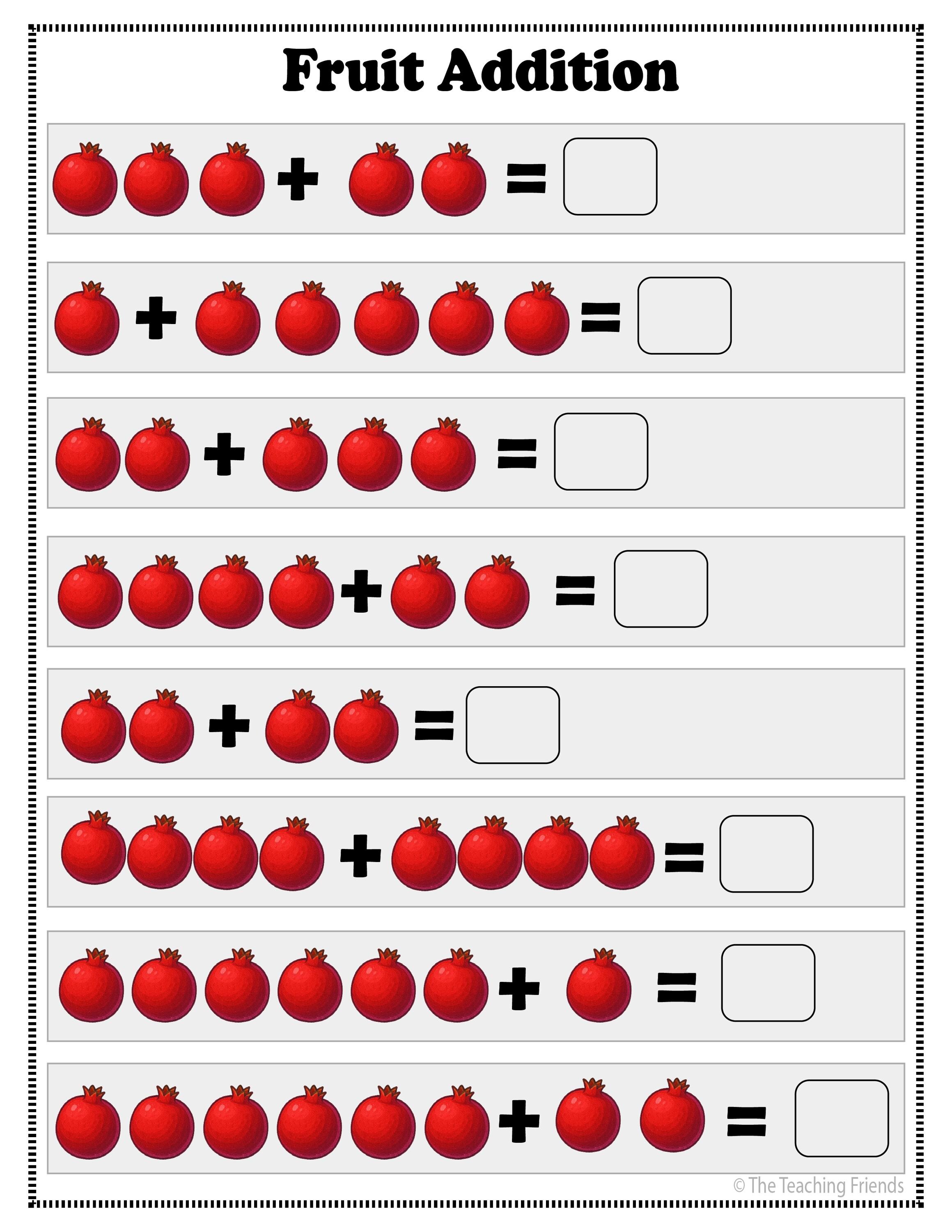 Fruit Addition Worksheets for Kindergarten and 1st Grade Fun Counting ...