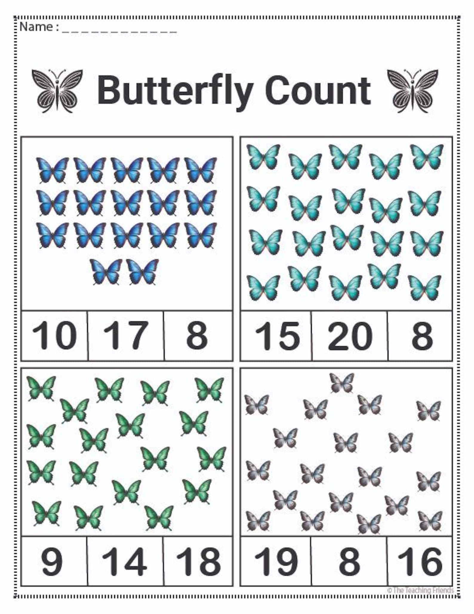 Butterfly Counting Clip Cards 1-20, Preschool and Kindergarten Math ...