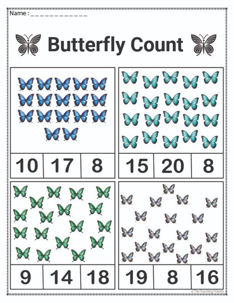 Butterfly Counting Clip Cards 1-20, Preschool and Kindergarten Math ...