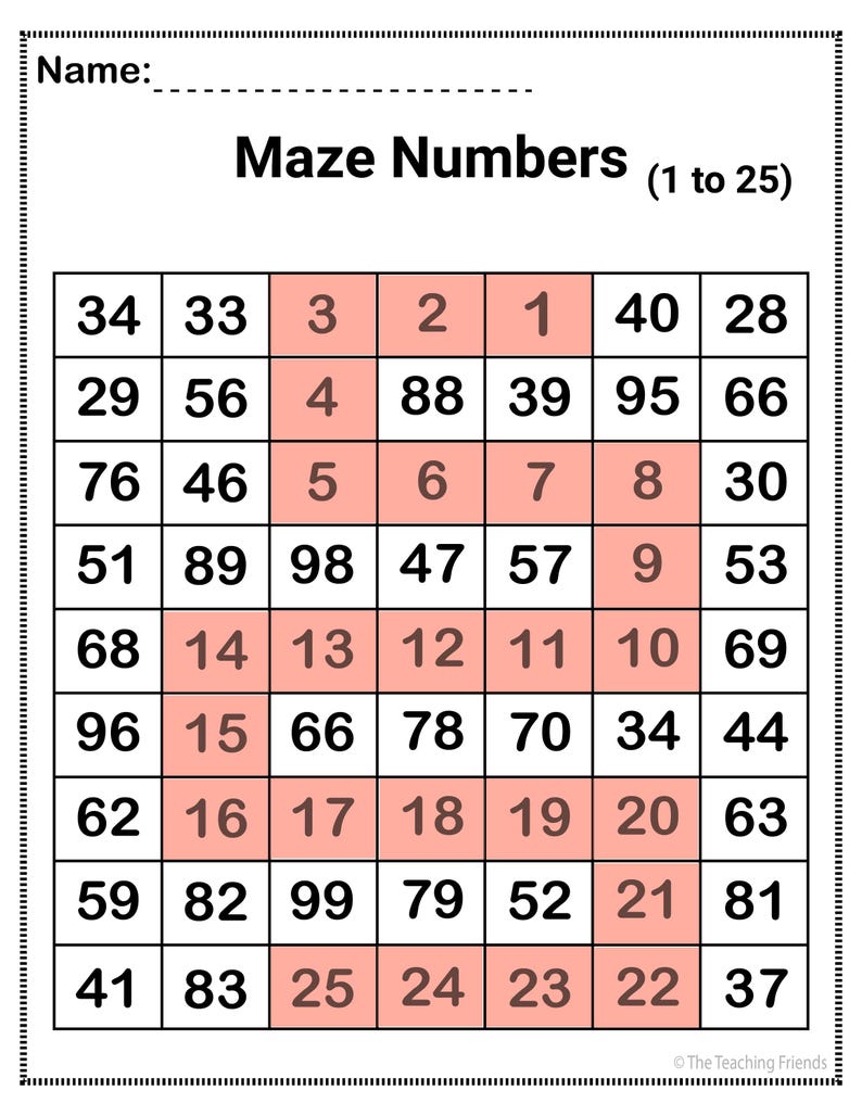 Number Maze Worksheets, Fun Math Activity, Numbers 1-100, Kindergarten ...