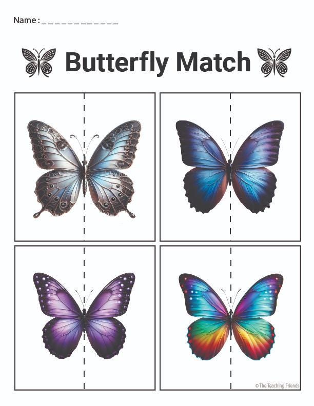 Butterfly Match Puzzle Symmetry Matching Game Preschool Kindergarten ...