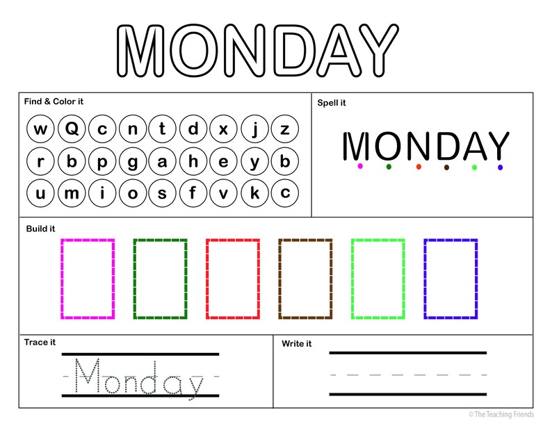 Days of the Week Worksheet Printable Spell Build Trace Write ...