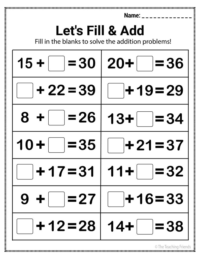 15 Printable Addition Fill in the Blanks Worksheets | Numbers 20-40 ...
