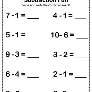 25 Printable Subtraction Worksheets for Kids | Numbers 1–10 Math ...