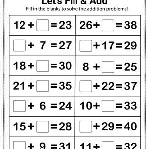 15 Printable Addition Fill in the Blanks Worksheets | Numbers 20-40 | Kindergarten, 1st & 2nd ...