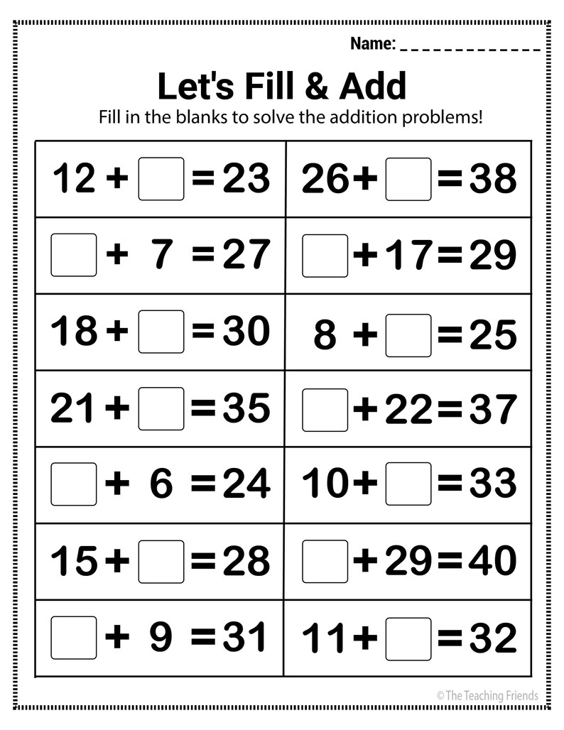 15 Printable Addition Fill in the Blanks Worksheets | Numbers 20-40 ...