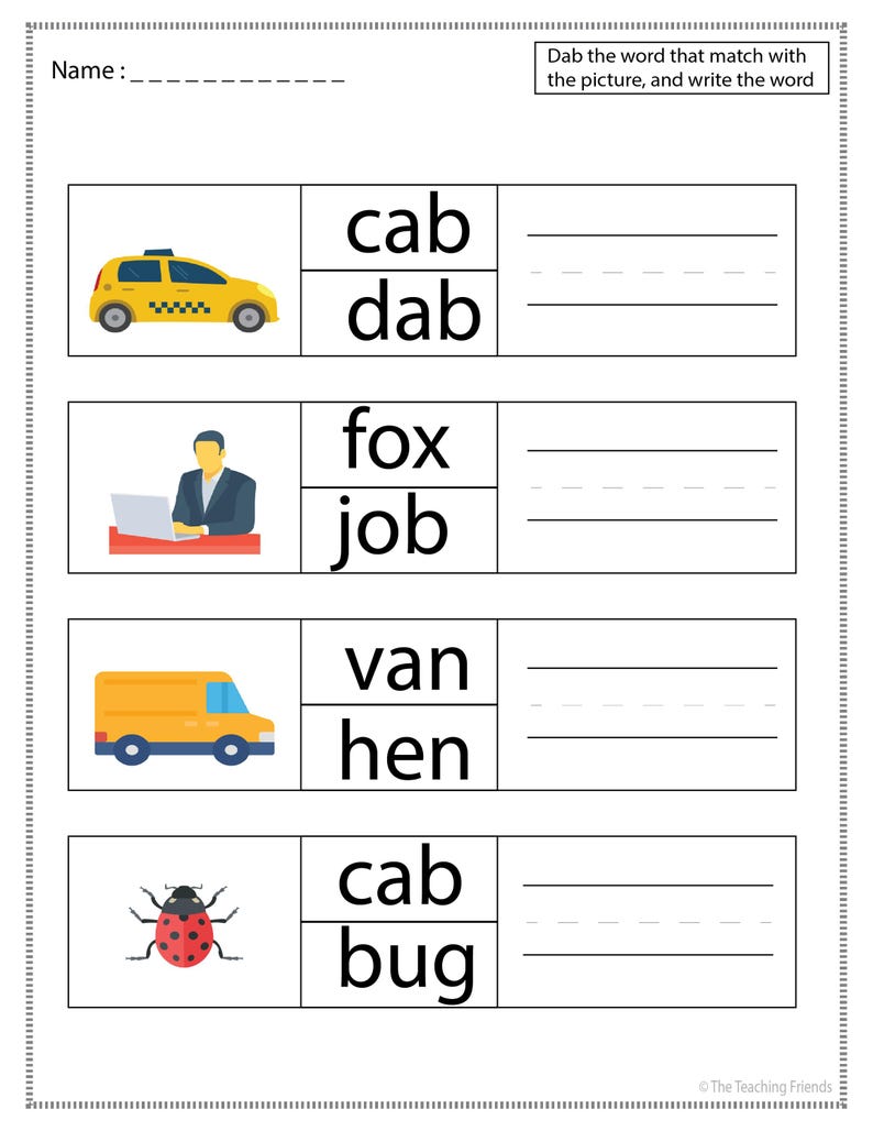CVC Word Worksheets: Phonics Matching & Writing (printable PDF) - Etsy