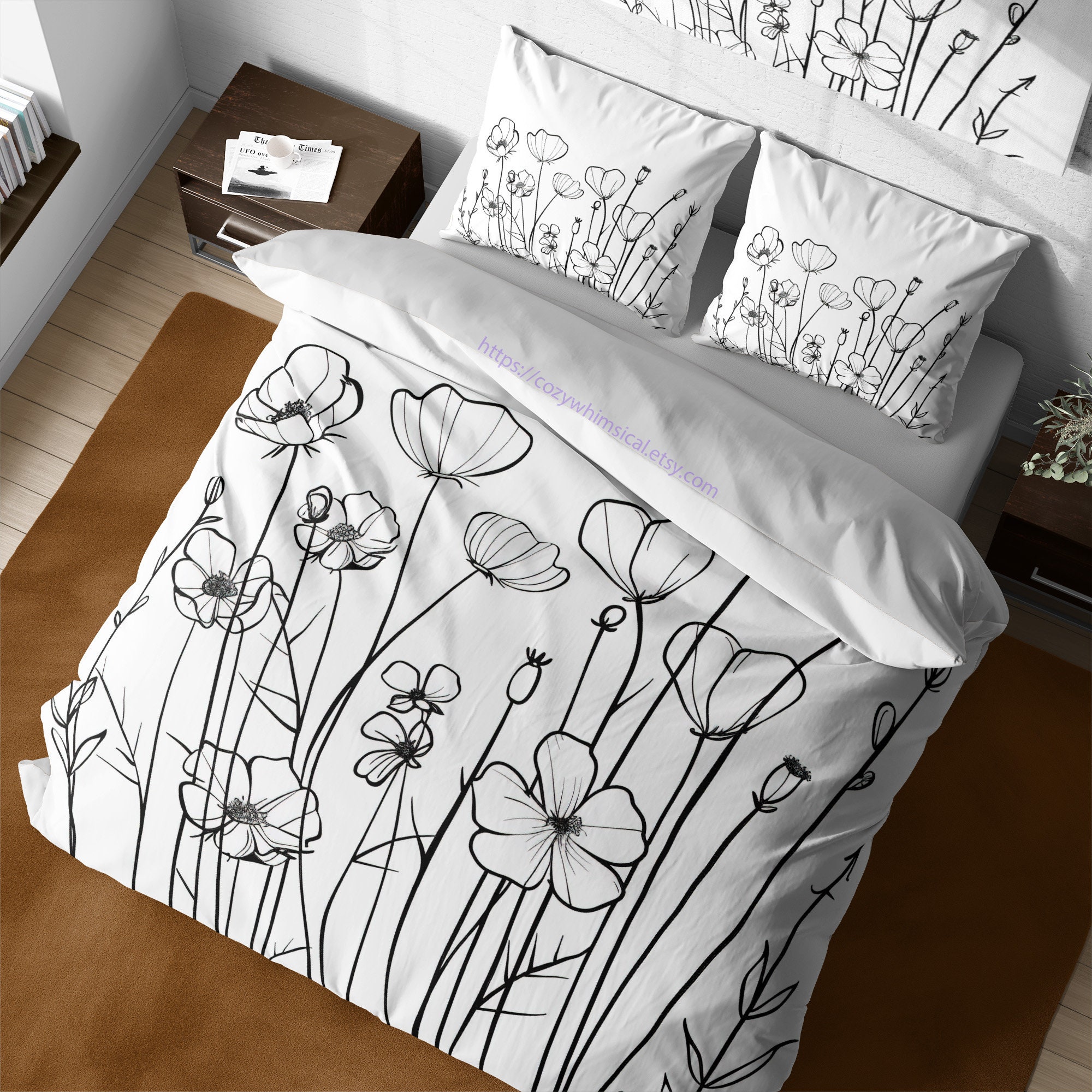 Wildflowers Line Art Minimalist Bedding Set, Abstract Art Modern ...