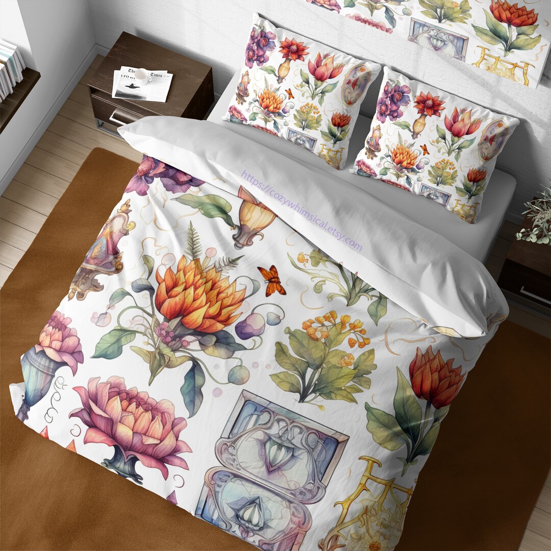 Vintage Folklore Floral Bedding Set, Watercolor Wildflowers Botanical ...