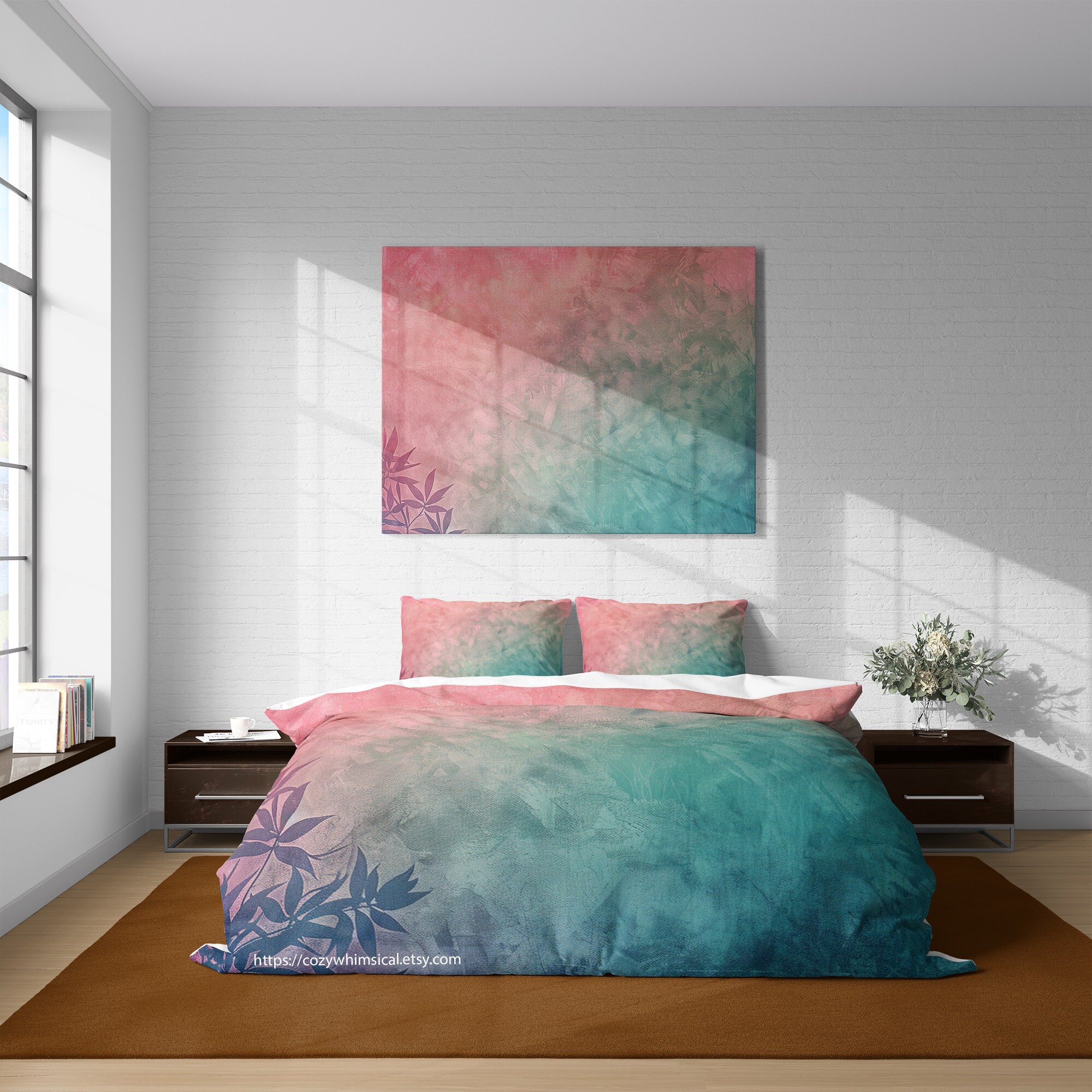 Pastel Pink and Turquoise Grunge Texture Bedding Set, Autumn Leaves ...