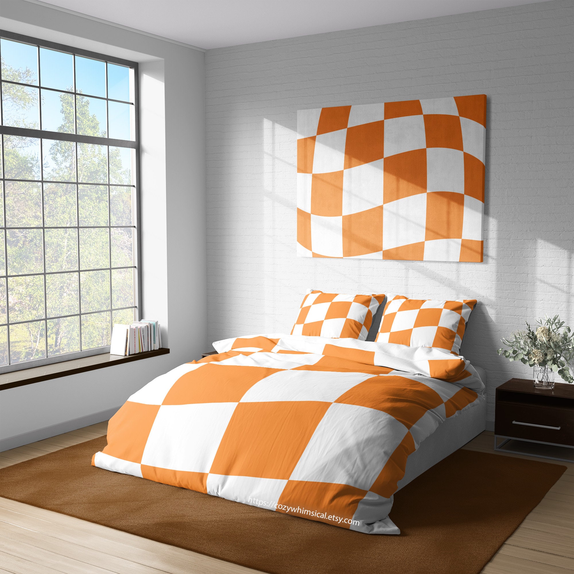 Orange and White Retro Y2k Wavy Check Bedding, Checkerboard Aesthetic ...