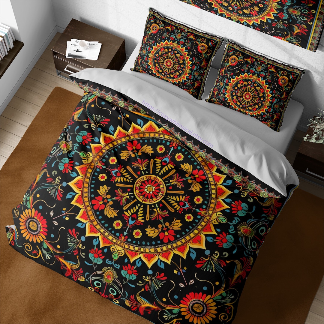 Indian Sun Boho Mandala Floral Bedding Set, Colorful Sunflowers, Ethnic ...