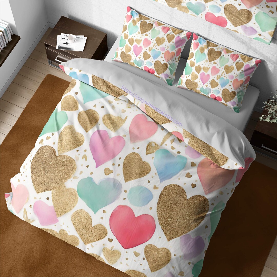 Colorful Hearts Cotton Duvet Cover Set, Pastel Colored Bedding ...