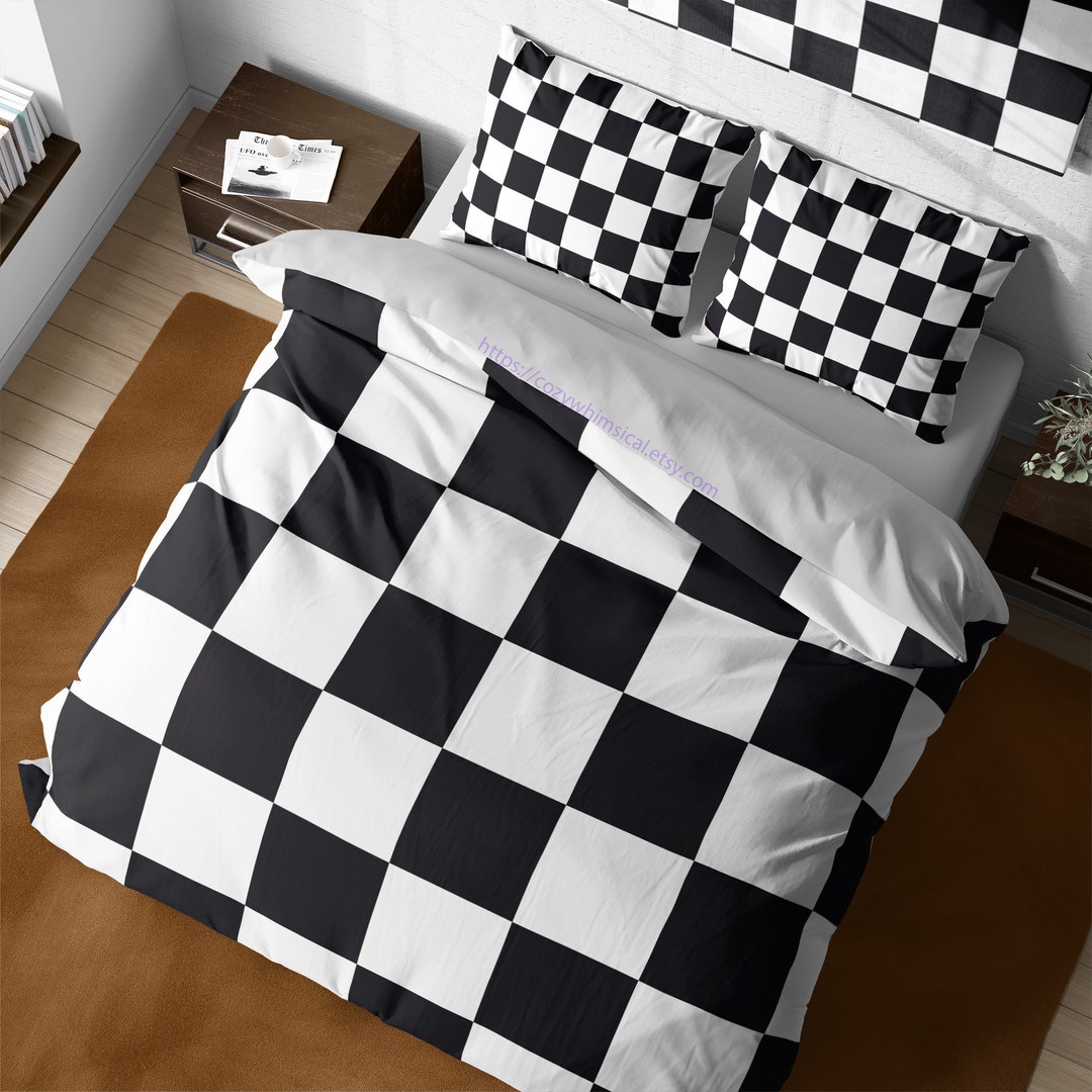 Black and White Retro Chess Board Bedding, Groovy Checkerboard Aesthetic Quilt Cover, King Chess ...