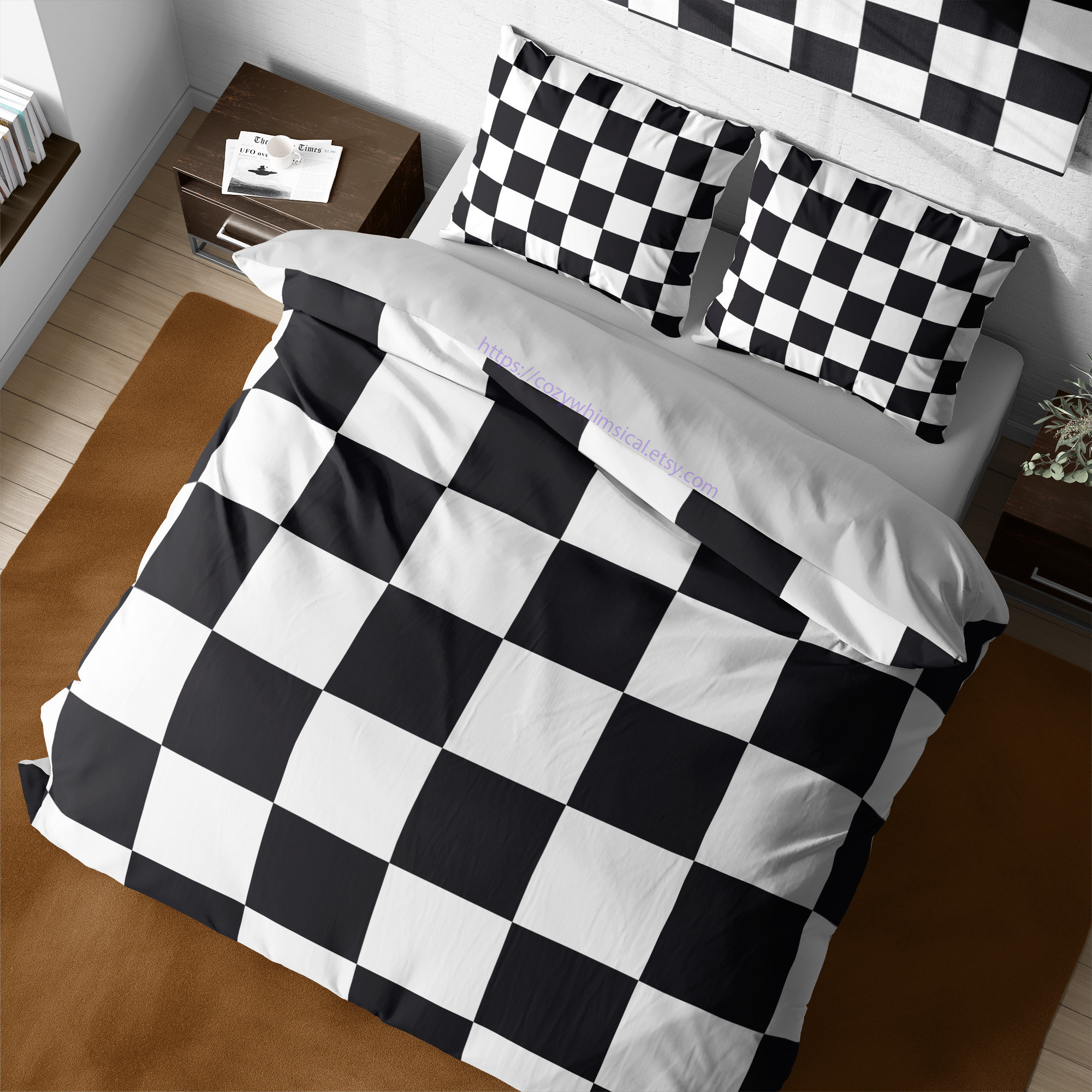 Black and White Retro Chess Board Bedding, Groovy Checkerboard Aesthetic Quilt Cover, King Chess ...