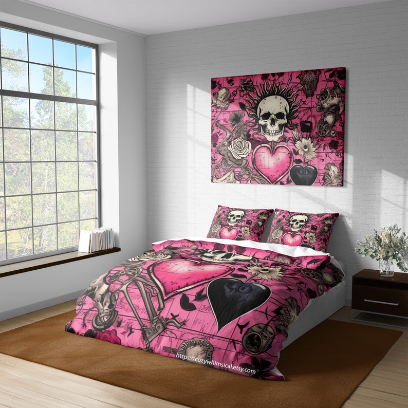 Gothic Skull Valentines Duvet Cover Set, Pink Hearts Emo Rockstar ...
