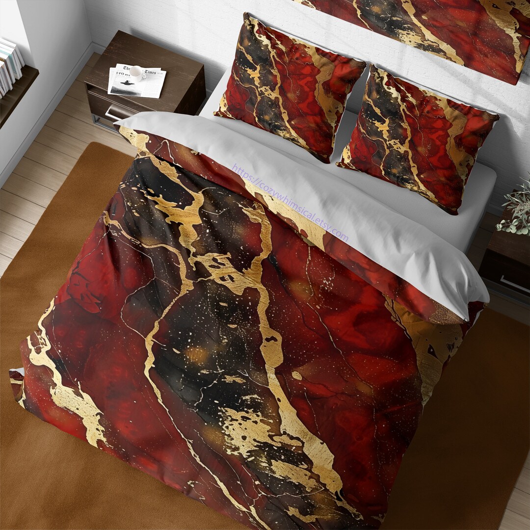 Deep Red Luxury Marble Duvet Cover, Liquid Gold Tint Bedroom Set, Boho ...
