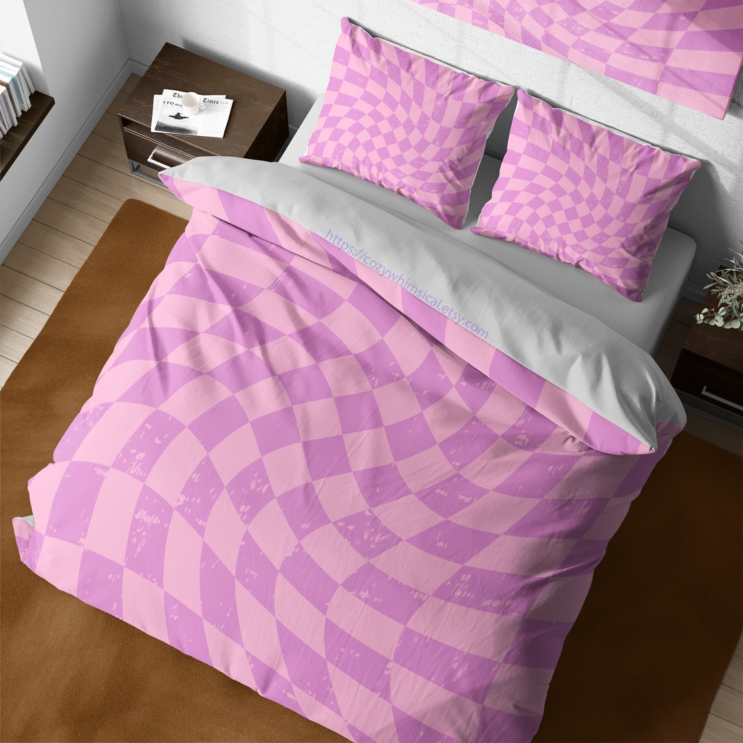 Retro 90's Groovy Y2k Checkered Bedding, Cute Purple Wavy Checkerboard ...