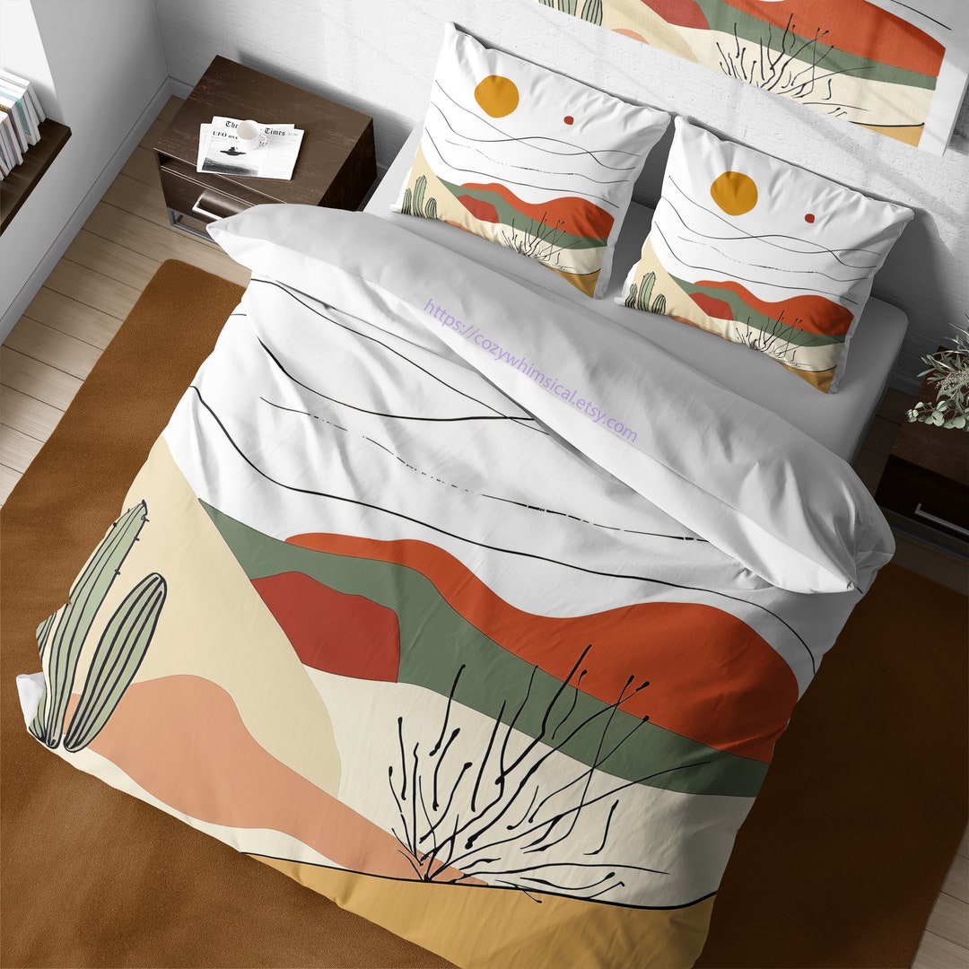 Boho Modern Abstract Line Drawing Red Desert Bedding Set, Aesthetic ...