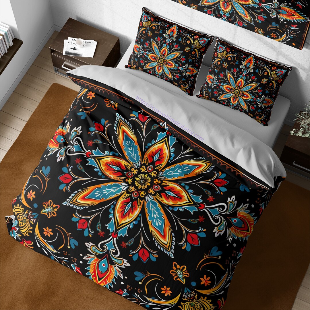 Colorful Boho Mandala Lotus Flower Bedding Set, Persian Inspired Hippie ...