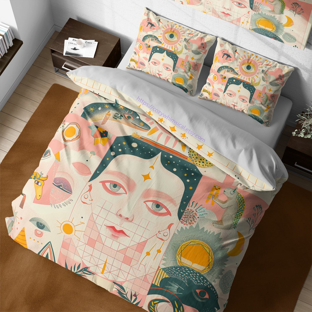 Pink Celestial Boho Chic Bedding Set, Witchy Evil Eye Duvet Cover Set ...