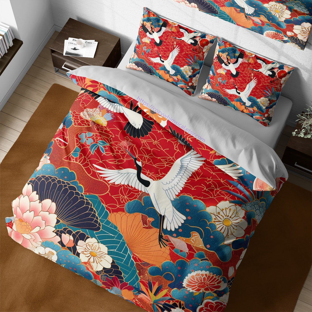 Red Japanese Bedding Set, Oriental Crane Duvet Cover Vibrant Color ...