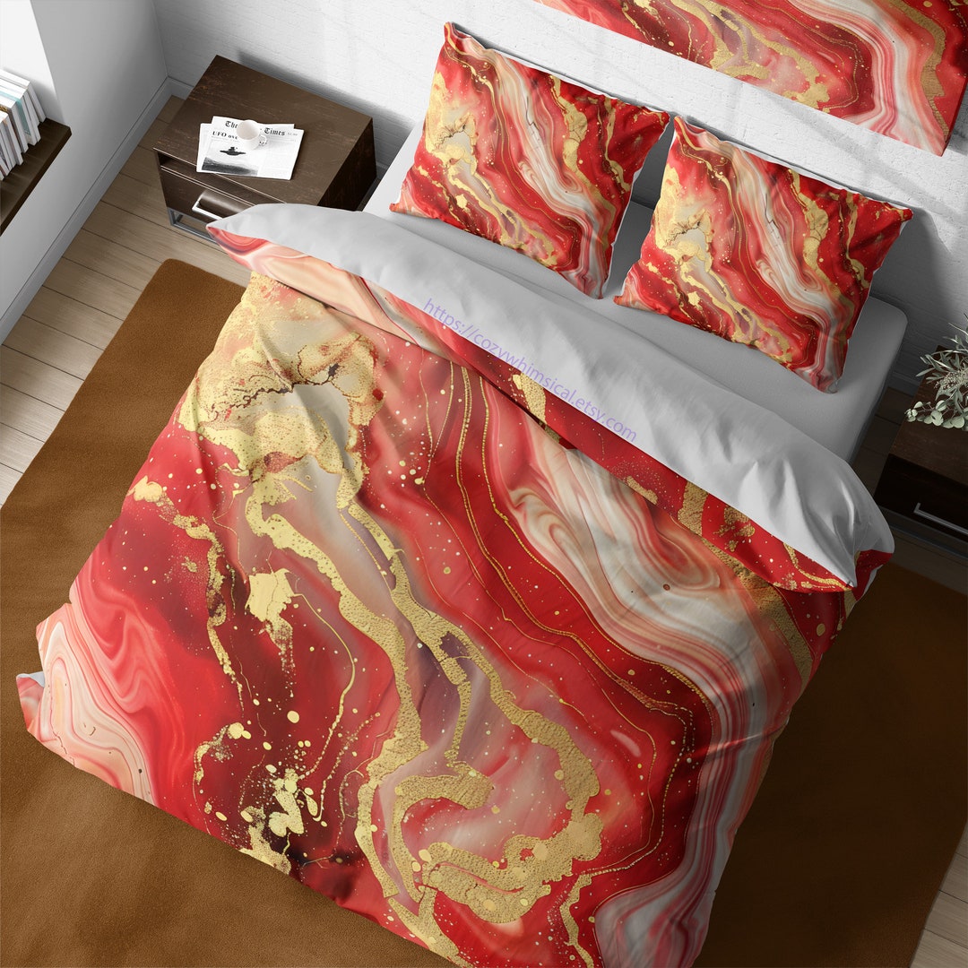 Luxury Red Marble Duvet Cover, Fluid Art Gold Tint Bedroom Set ...