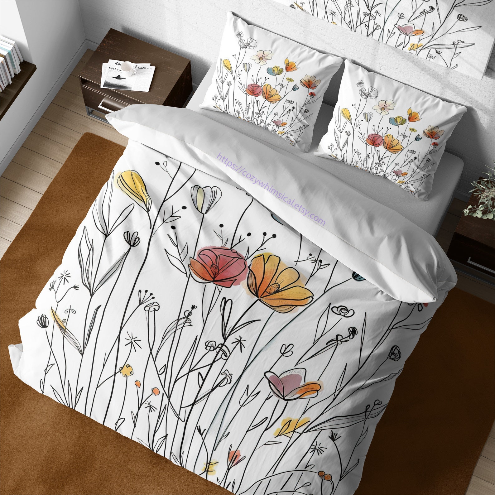 Cute Watercolor Abstract Floral Line Art Bedding Set, Modern Botanical ...