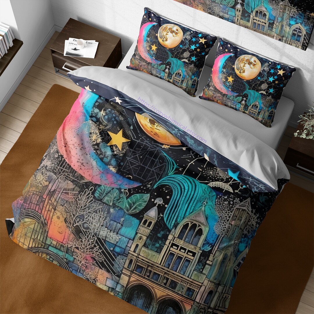 Mid Century Gothic Cityscape Bedding Set, Witchy Whimsical Moon ...