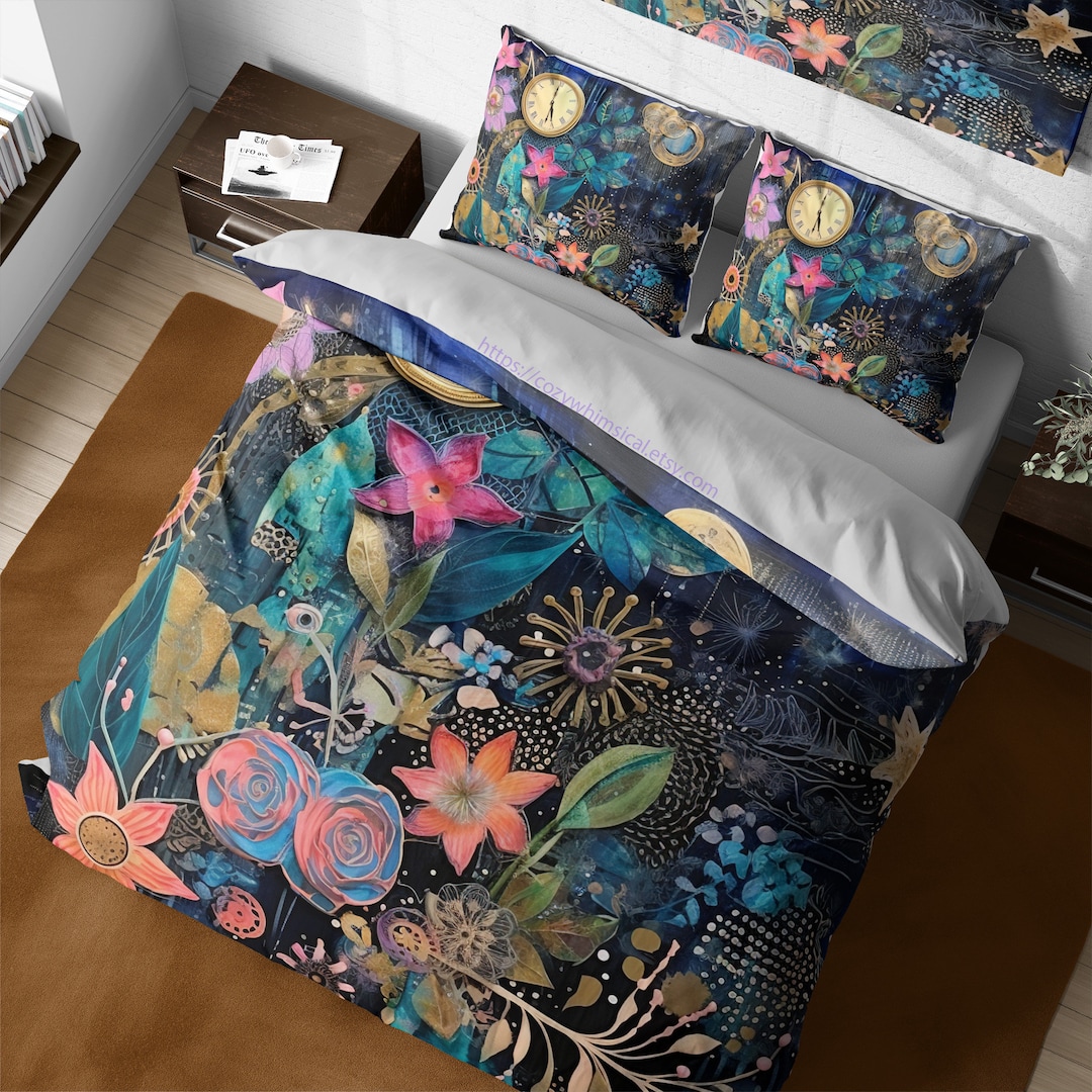Vintage Eccentric Flowers & Clock Bedding Set, Quirky Whimsical Floral ...