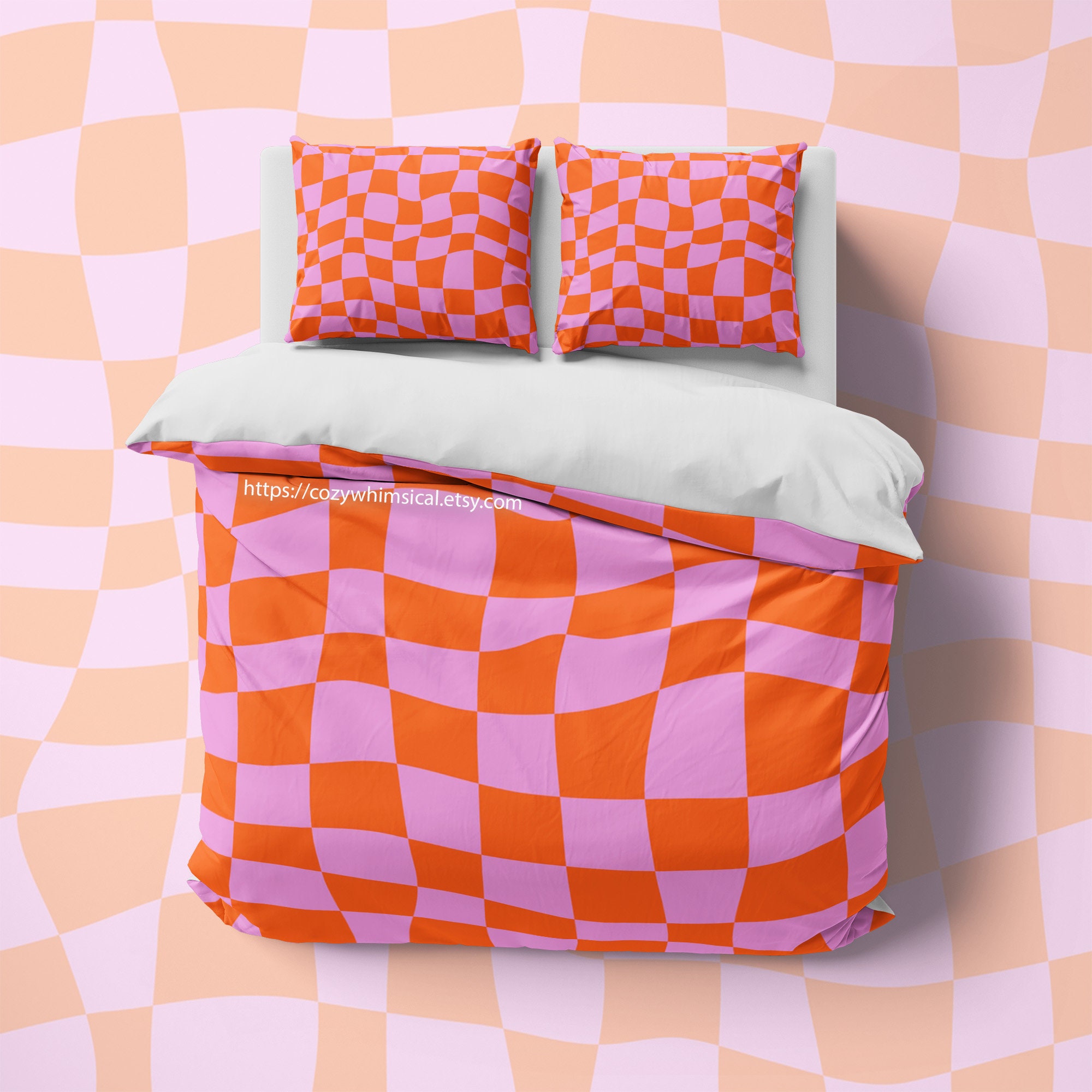Orange and Purple Retro Y2k Wavy Check Bedding, Checkerboard Aesthetic ...