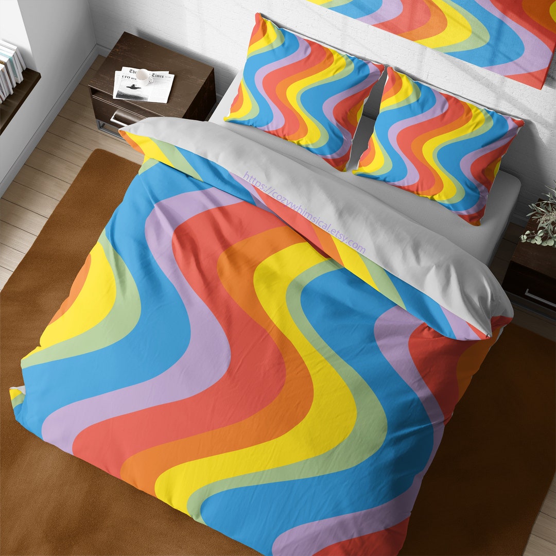 Wavy Rainbow Bedding Set, Retro 90's Nostalgia, Groovy Rainbow Duvet ...