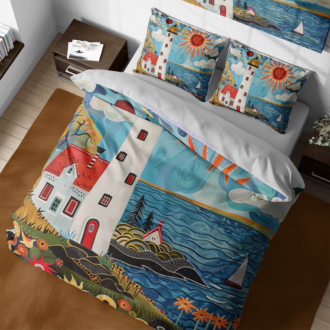 Boho Folk Art Lighthouse Bedding Set, Abstract Seaside Vintage Duvet ...