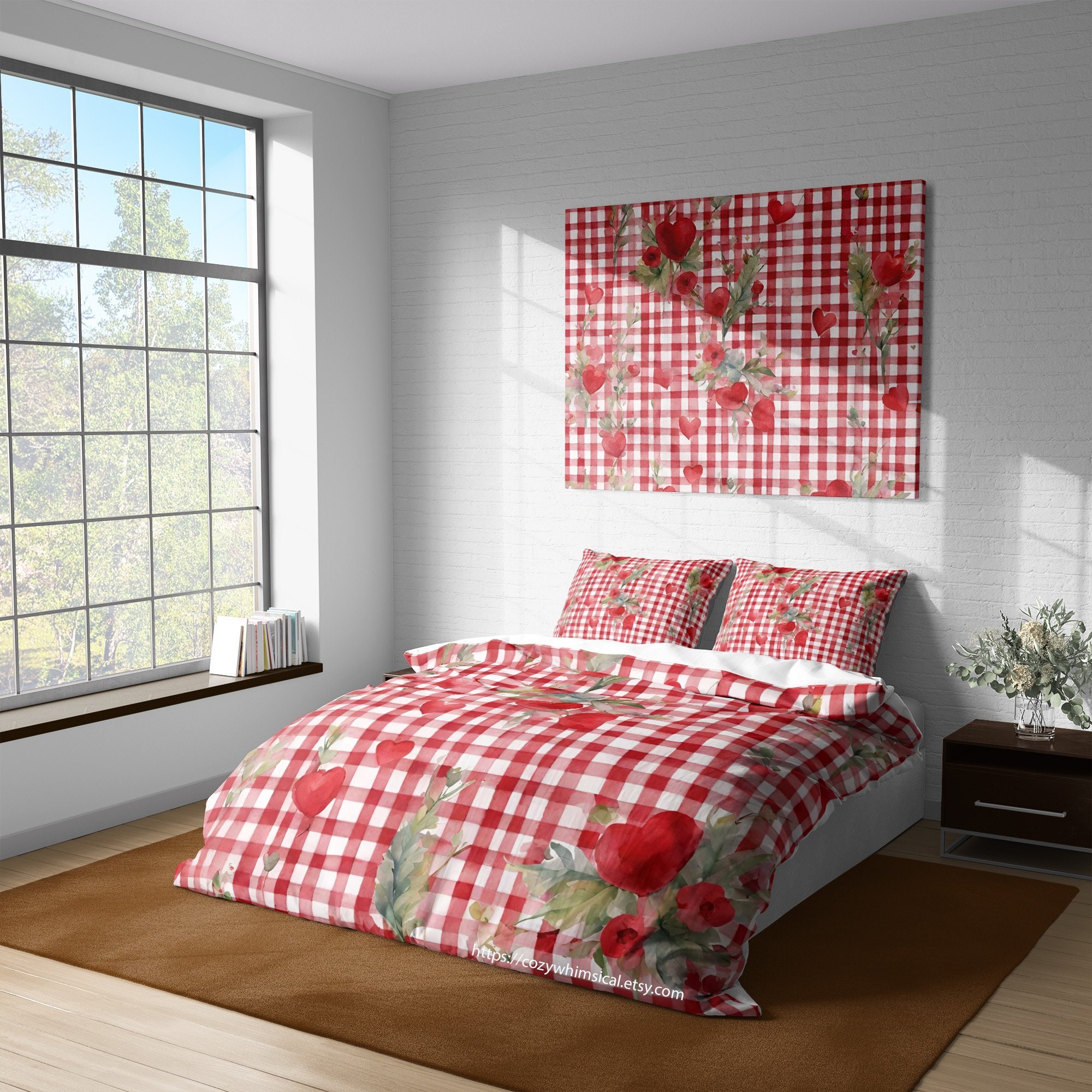 Gingham Red Checkered Floral Hearts Cotton Duvet Set, Vintage Cotton ...