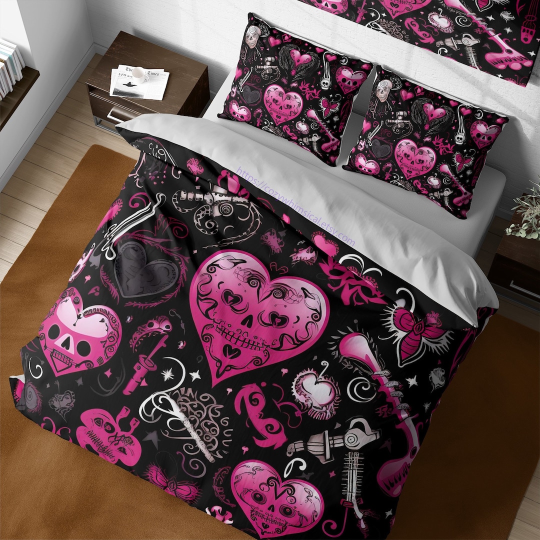 Pink Heart Punk Design, Chic Edgy Teen Bed, Cotton Duvet Cover Set ...