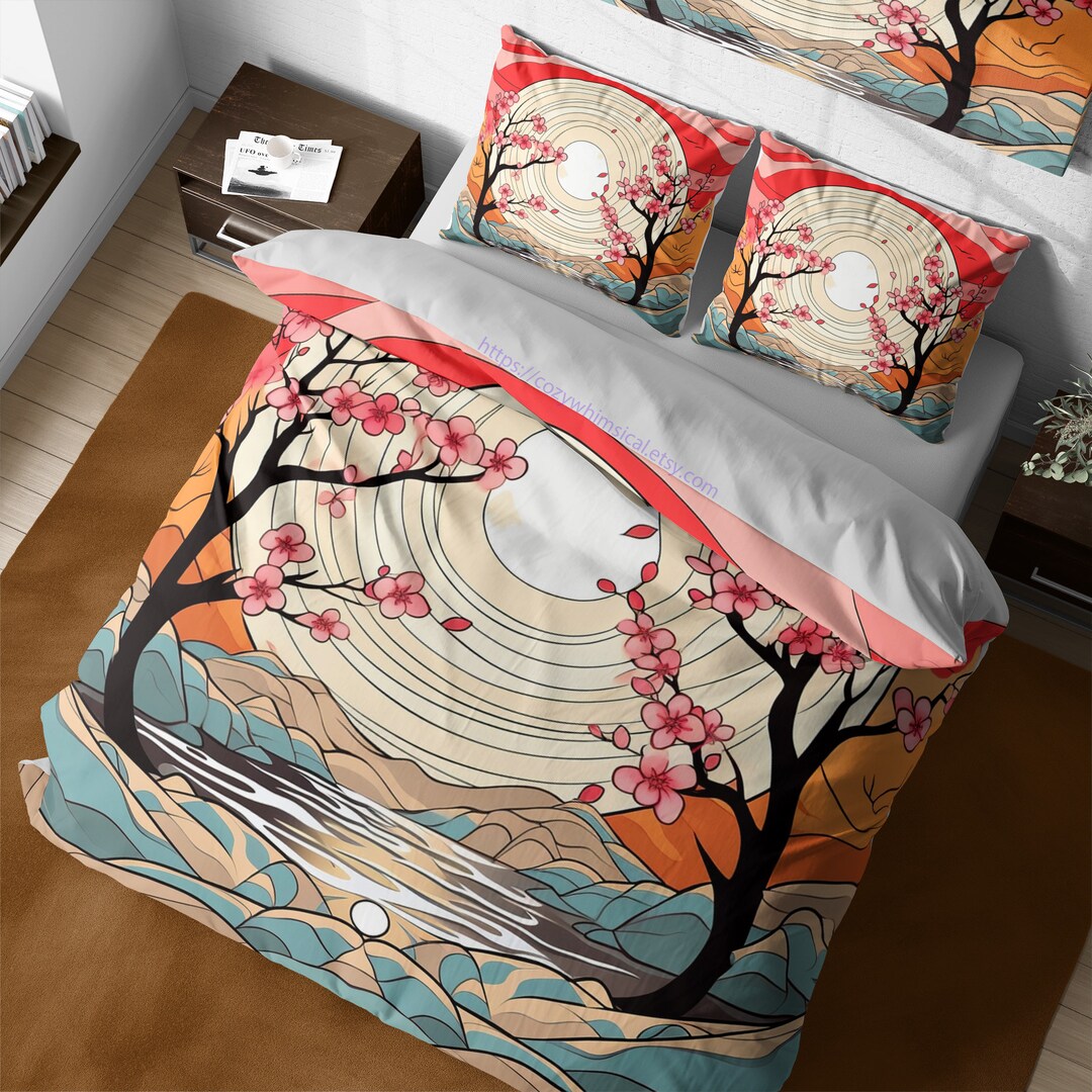Boho Japanese Retro Oriental Sakura Trees Bedding Set, Cherry Blossoms ...