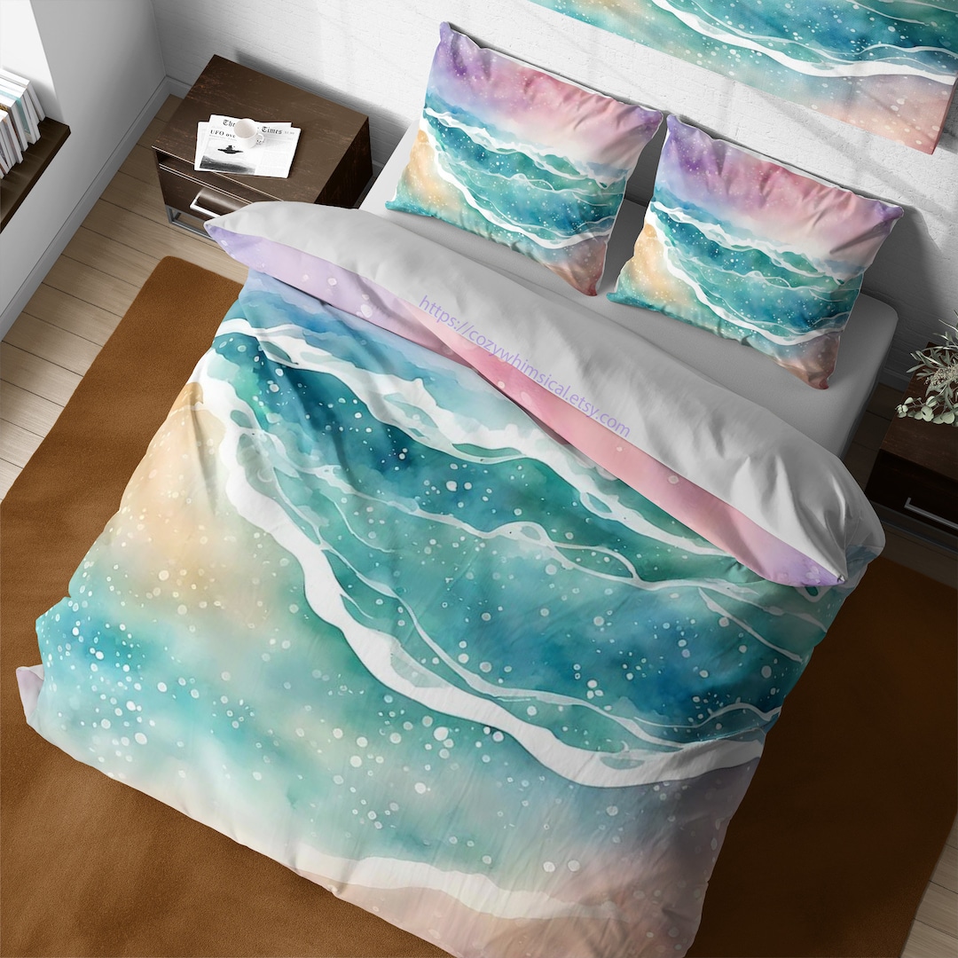 Turquoise & Purple Aesthetic Beach Bedding Set, Seascape Ocean Waves ...