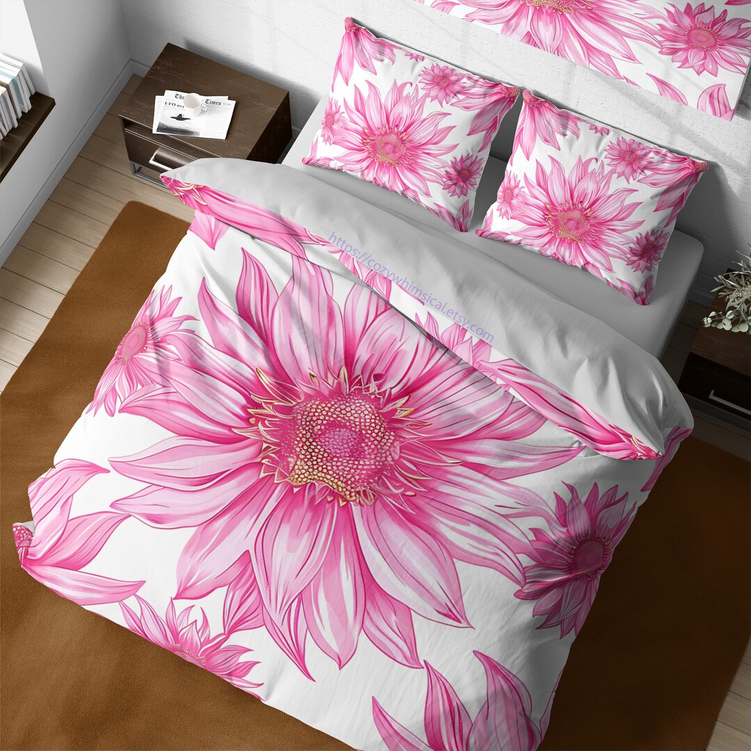 Magenta Lily Flowers Duvet Cover Set, Aesthetic Floral Quilt Cover ...