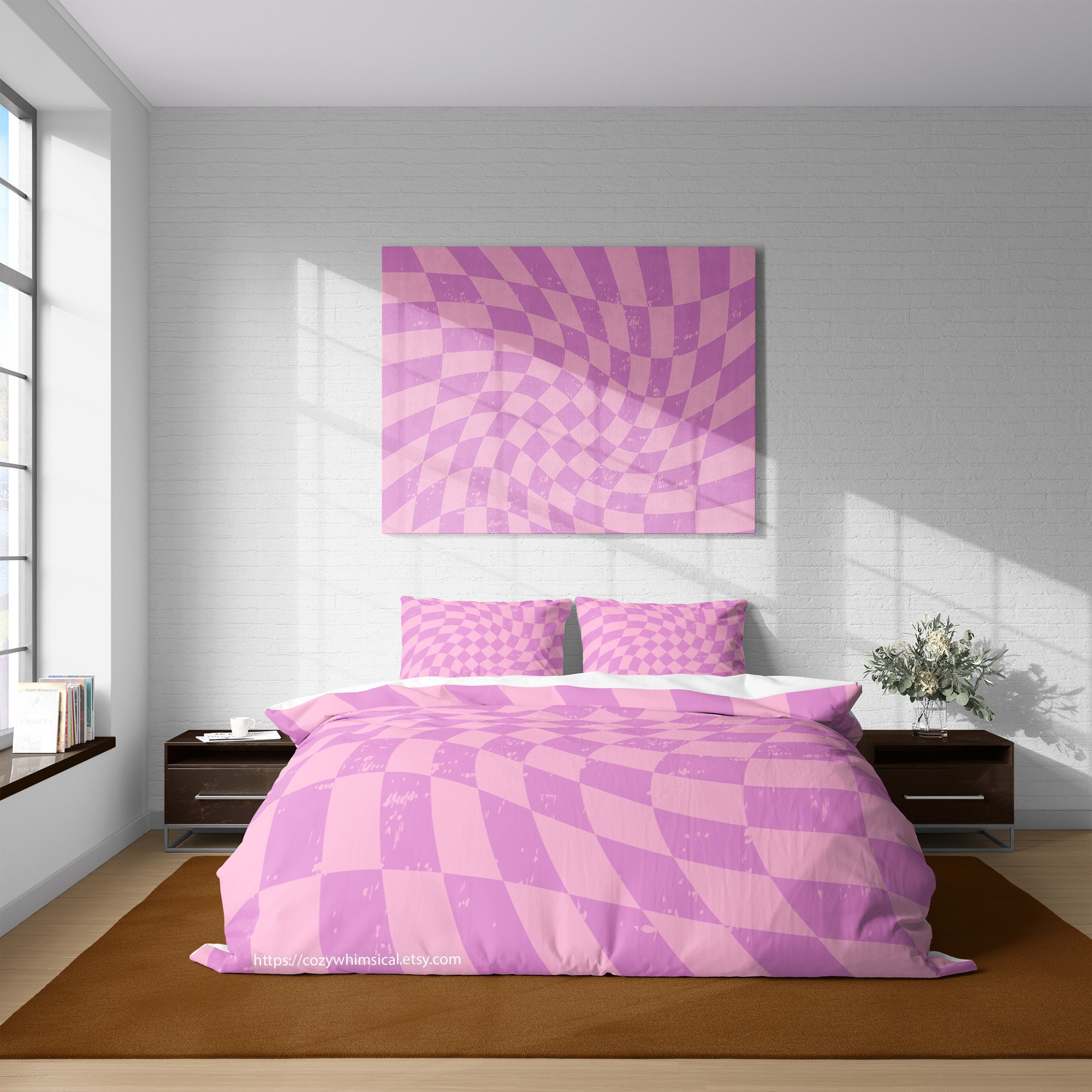 Retro 90's Groovy Y2k Checkered Bedding, Cute Purple Wavy Checkerboard ...