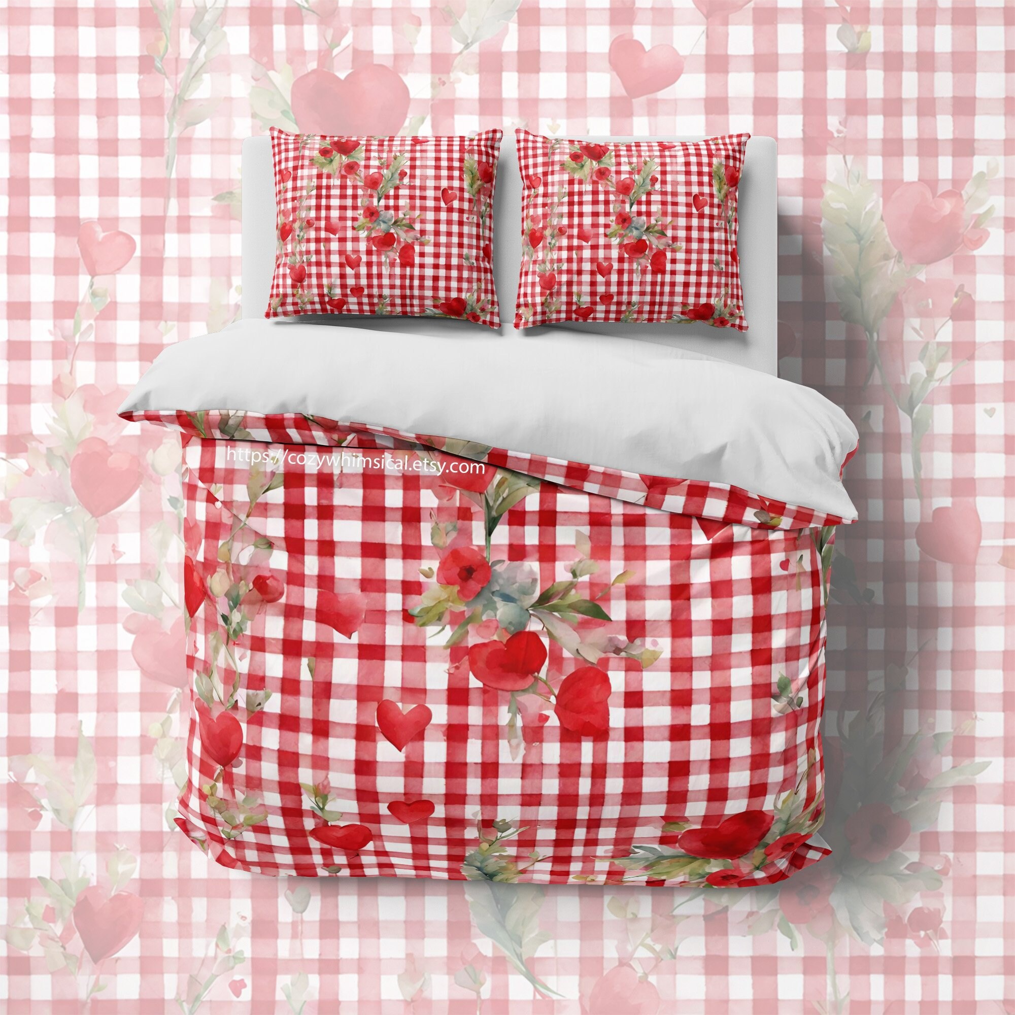 Gingham Red Checkered Floral Hearts Cotton Duvet Set, Vintage Cotton ...