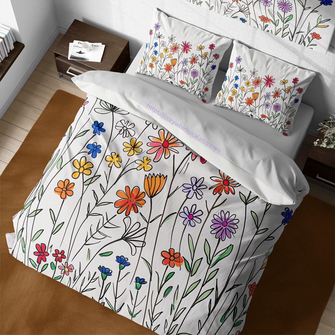 Colorful Wildflower Garden Bedding Set, Abstract Modern Line Art ...