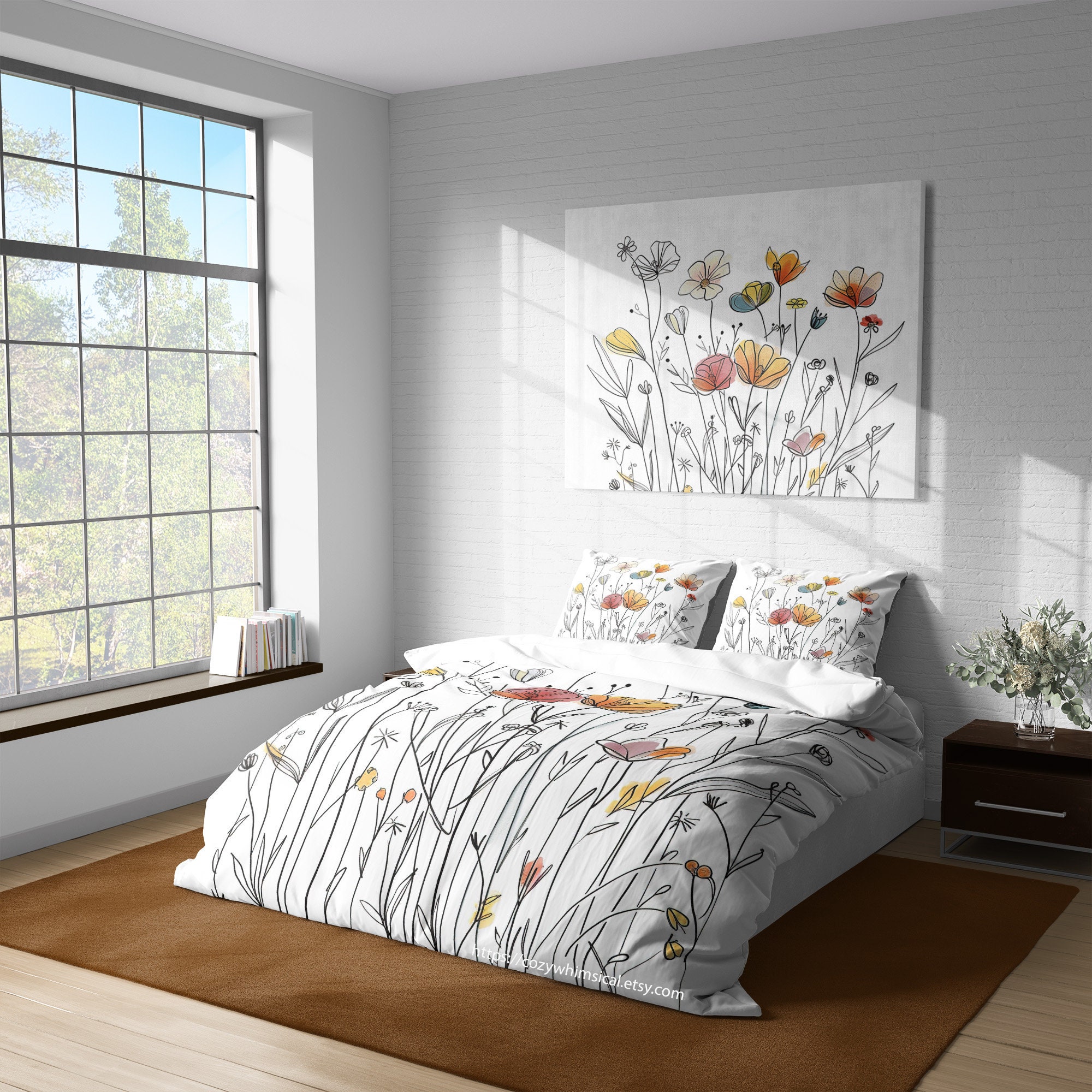 Cute Watercolor Abstract Floral Line Art Bedding Set, Modern Botanical ...