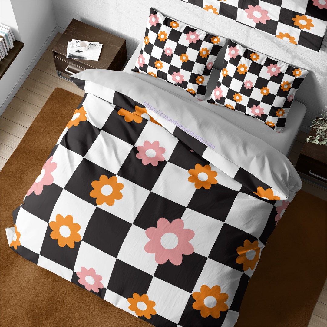 Retro Flowers Chess Board Check Duvet Cover Set, Y2k Hippie ...