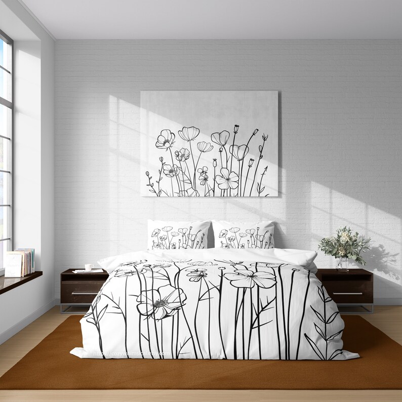 Wildflowers Line Art Minimalist Bedding Set, Abstract Art Modern Botanical Bedding, Floral ...