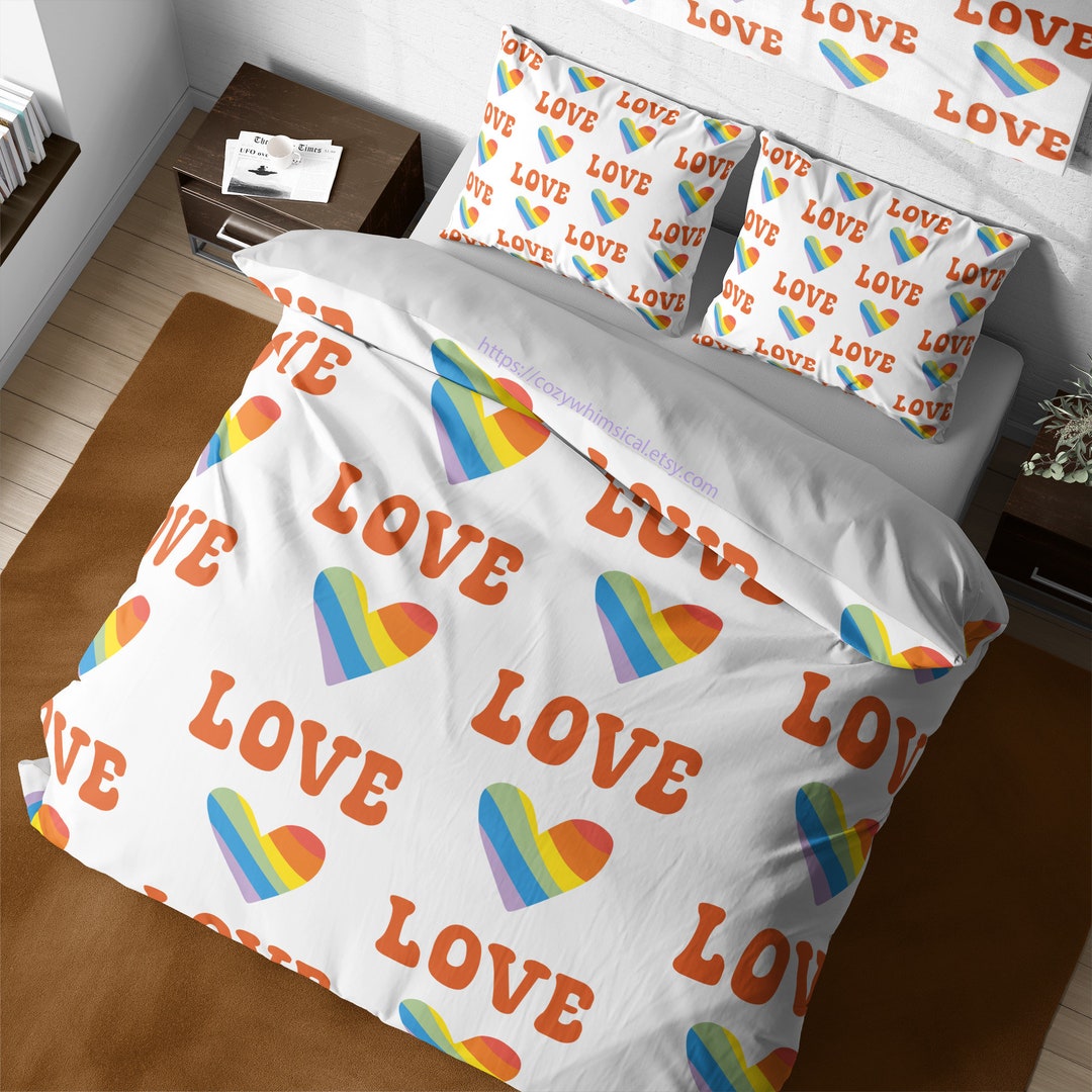 Hippie Hearts Love Symbol Bedding, Colorful Retro Rainbow Duvet Cover ...