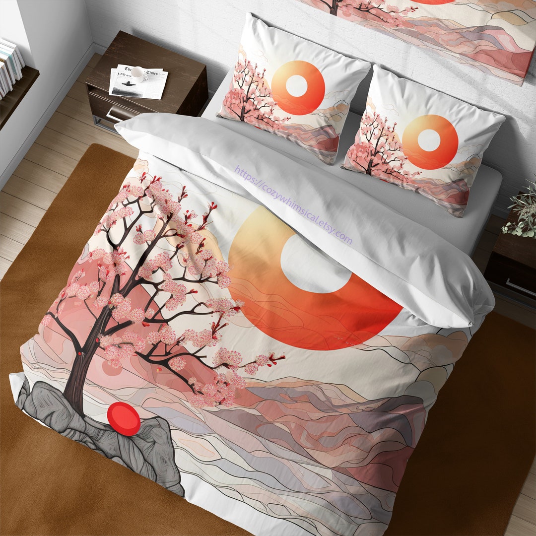Blush Pink Sakura Tree & Japanese Flag Illusion Bedding Set, Cherry ...