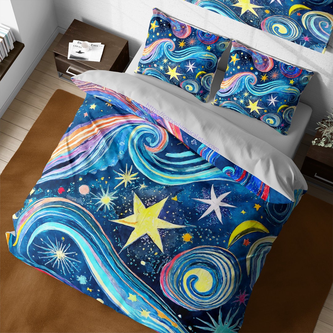 Aesthetic Mystical Stars Galaxy Bedding Set Full, Blue Cotton Duvet ...