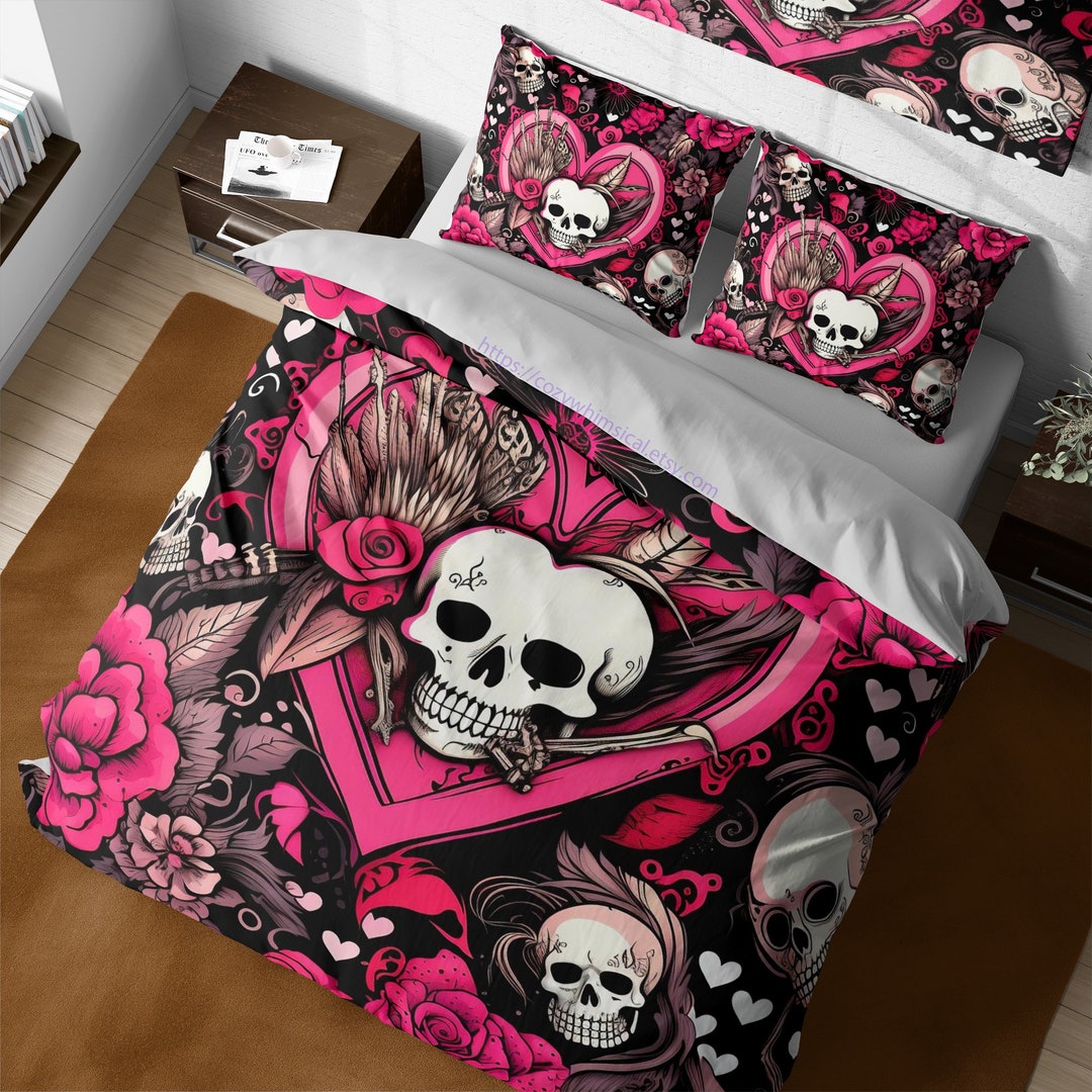 Y2k Pink Gothic Skull Hearts Duvet Cover Set, Rebel Punk Bedding, Emo ...