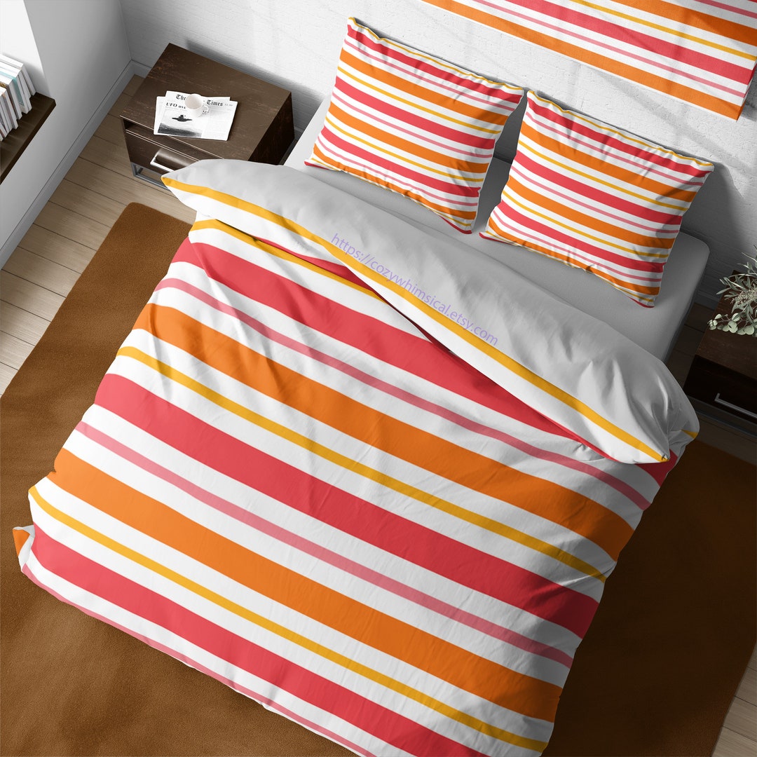 Retro 70's Saffron and Red Stripe Bedding Set, Vintage Hippie Duvet ...